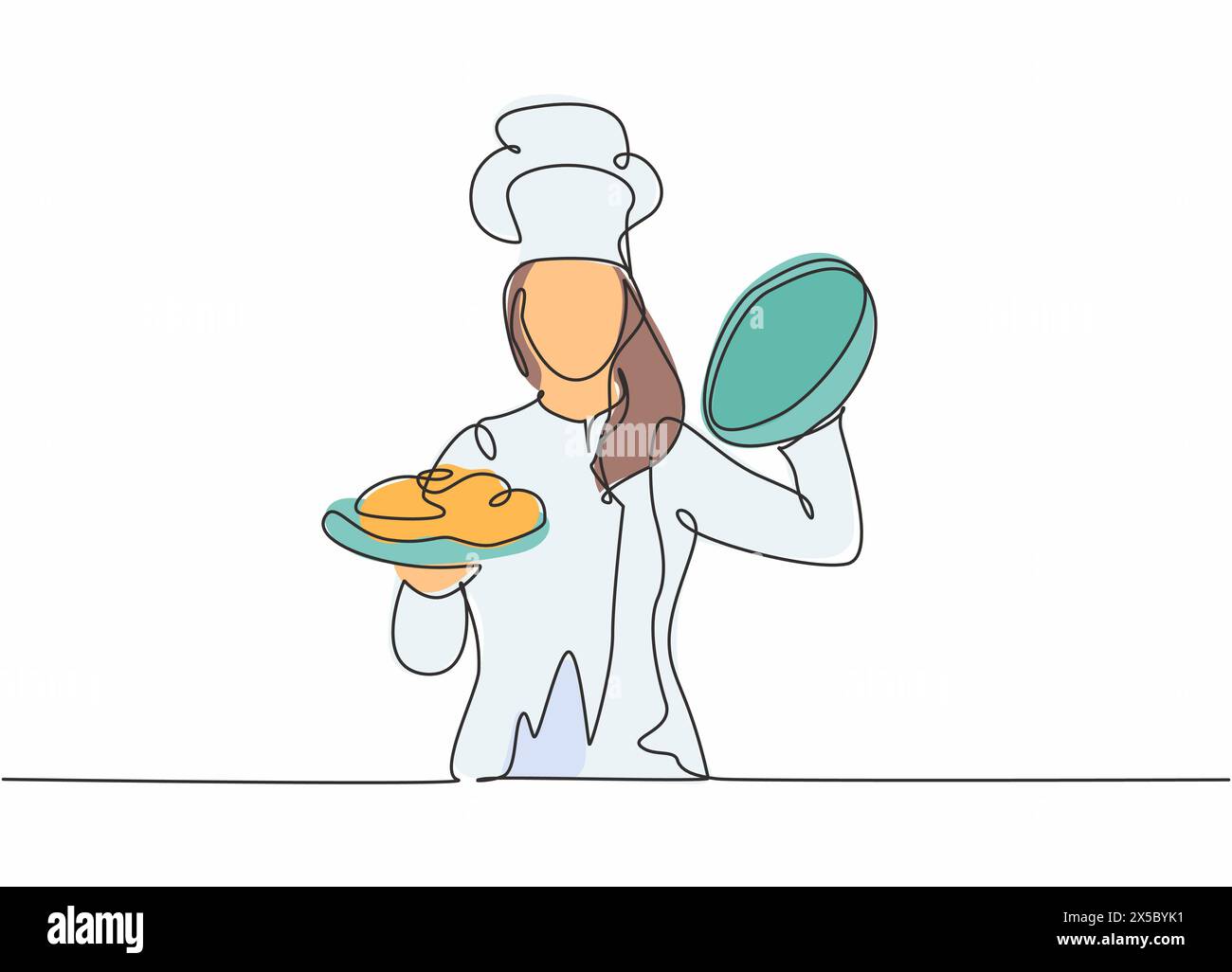 One continuous line drawing of young beauty female chef opening cloche ...