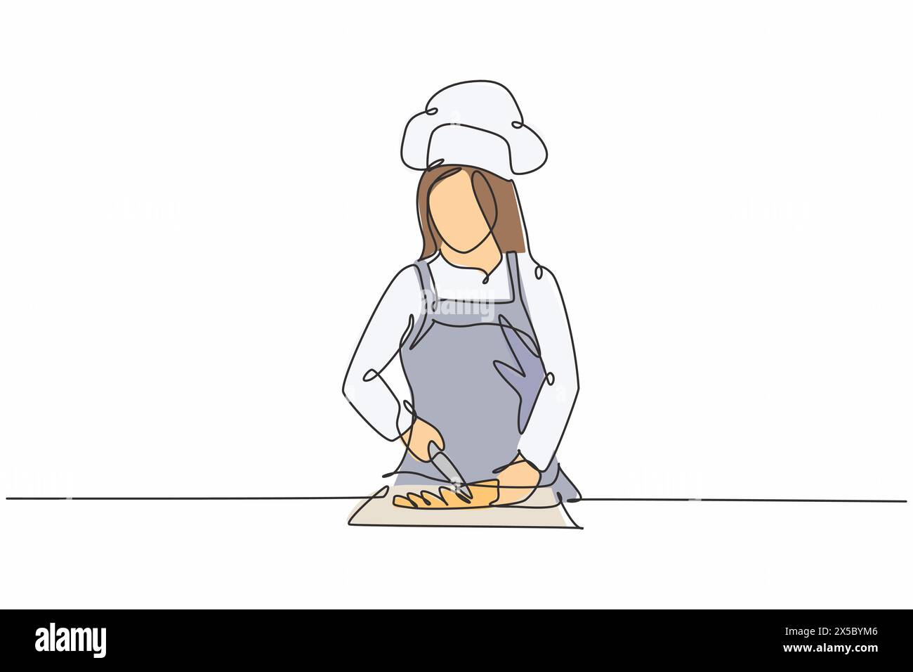 Single one line drawing of young happy attractive female chef slicing ...