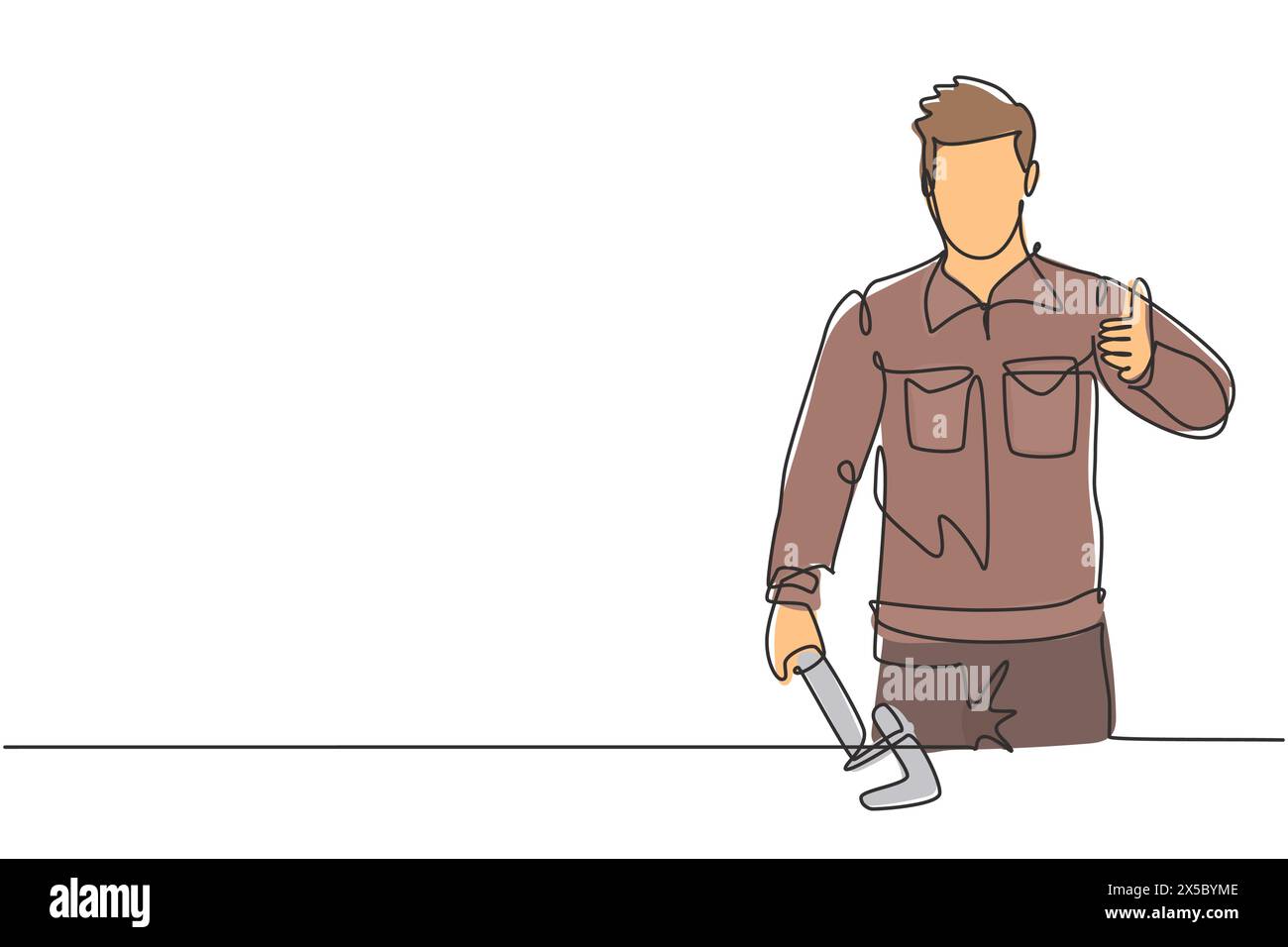 Continuous one line drawing plumber with a thumbs-up gesture was ready ...