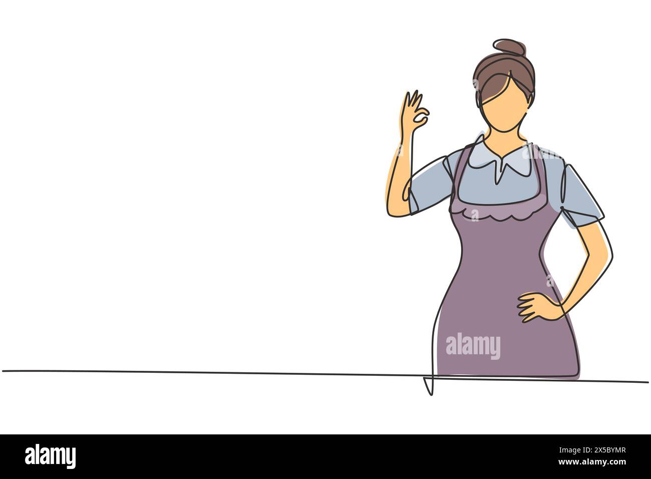 Single continuous line drawing maid in hotel with gesture okay and in ...