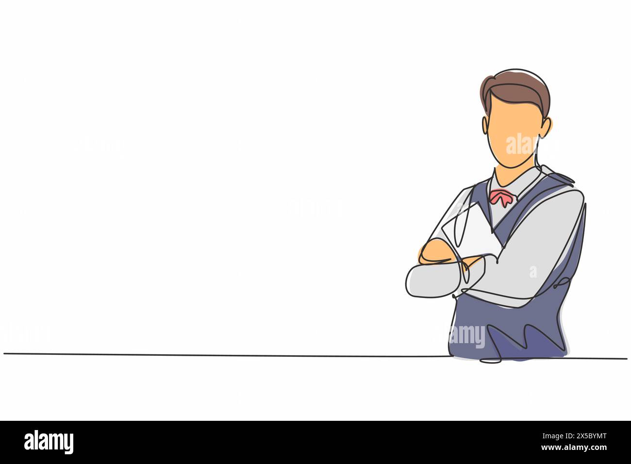 Single continuous line drawing of young male waiter cross arm on chest ...