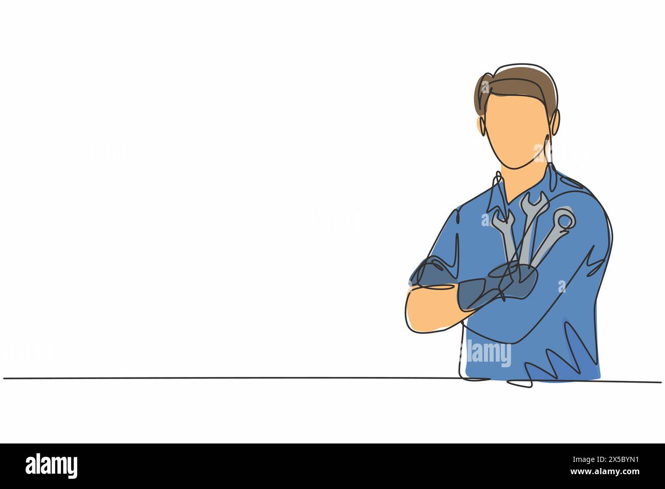 Single one line drawing of young male mechanic posing cross arm on ...