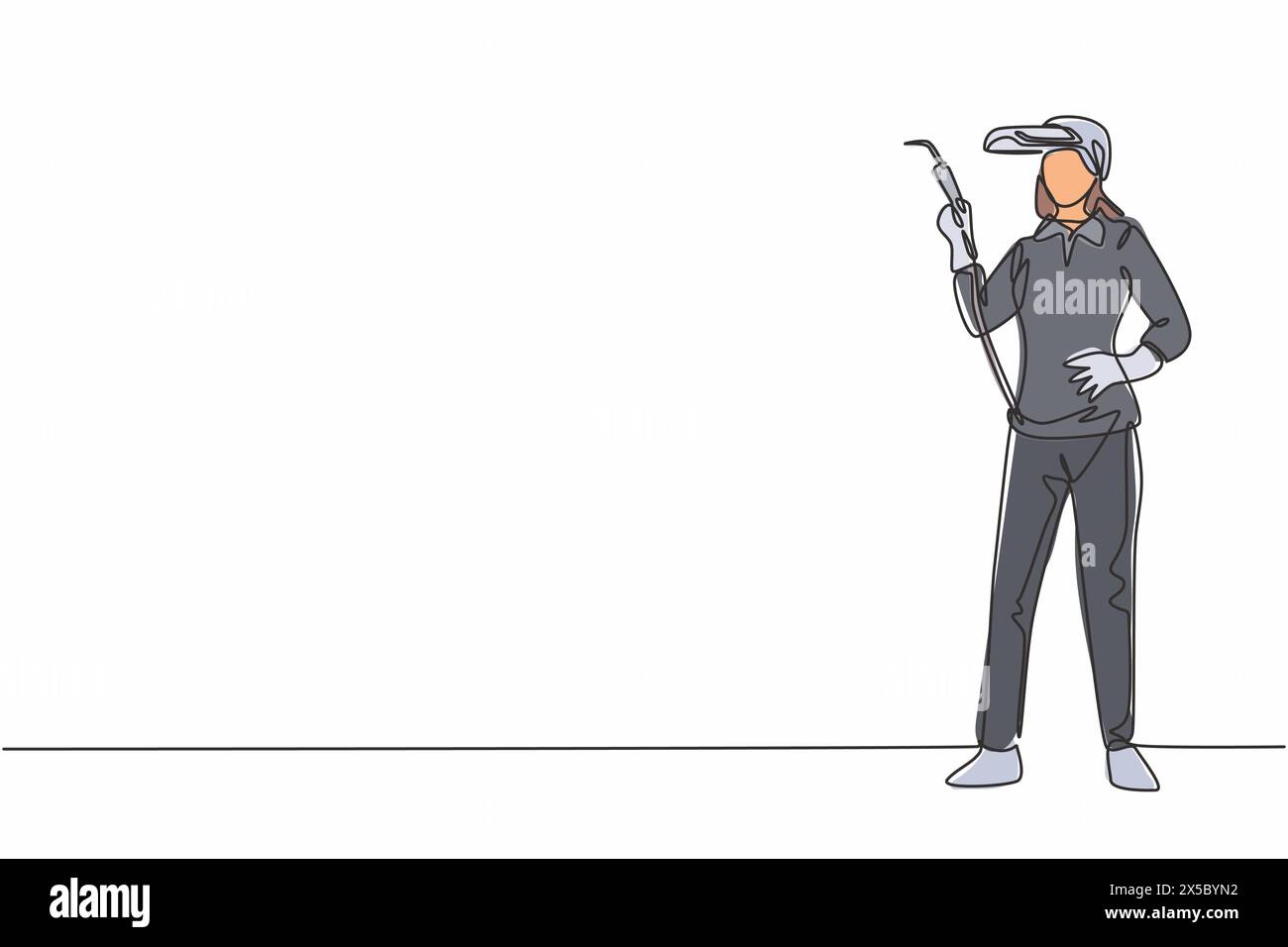 Continuous one line drawing of young beauty female welder holding weld ...