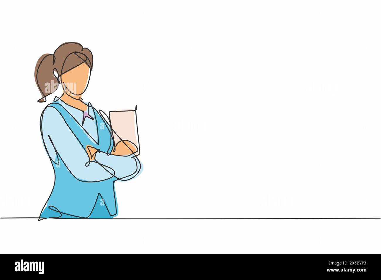 Continuous one line drawing young female waitress holding resto menu ...