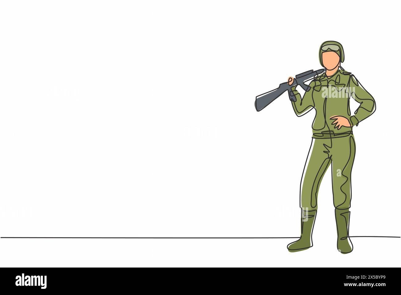 Single one line drawing young female soldier standing and pose with ...