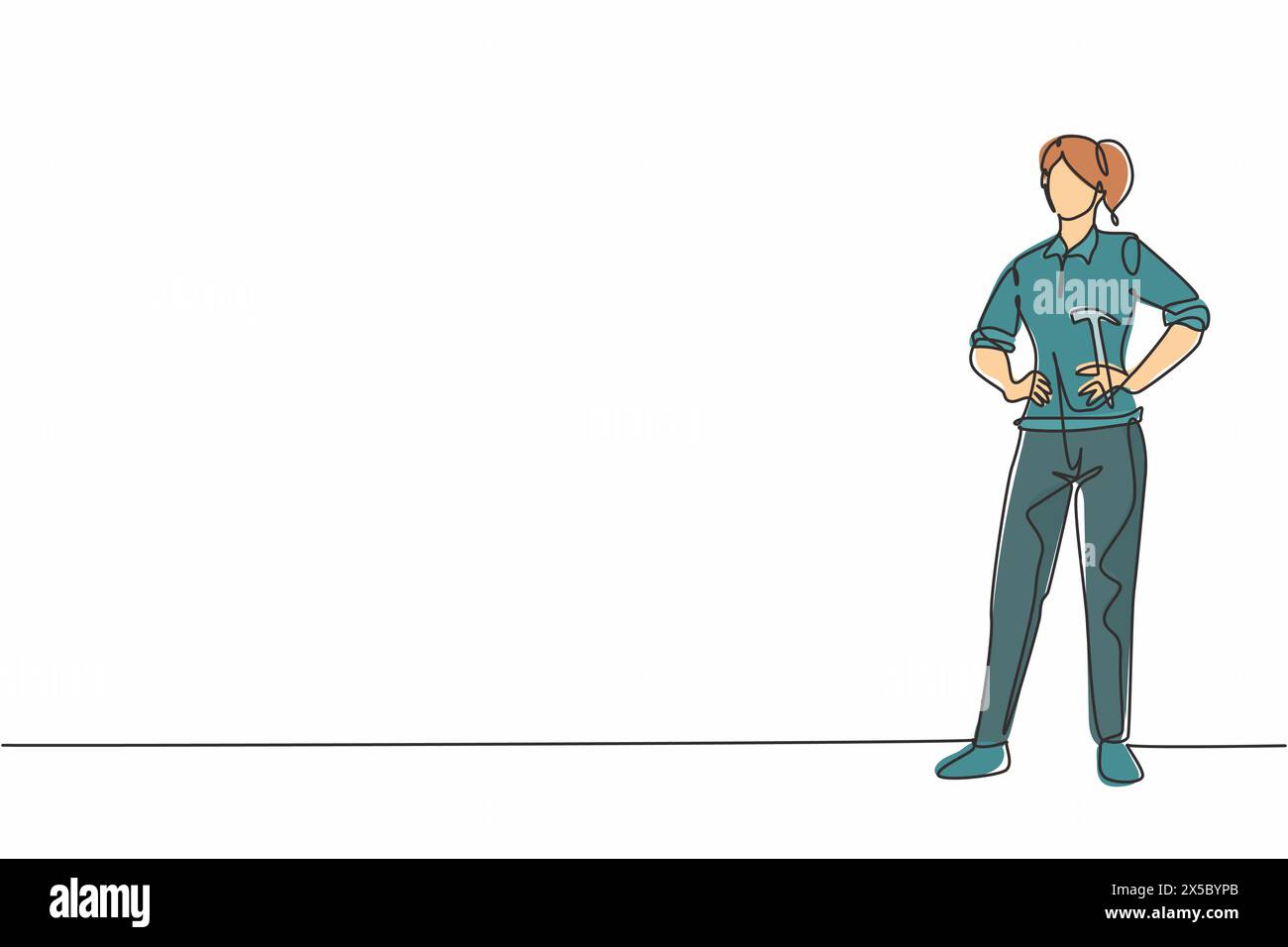 Single one line drawing of young female beauty carpenter posing with ...