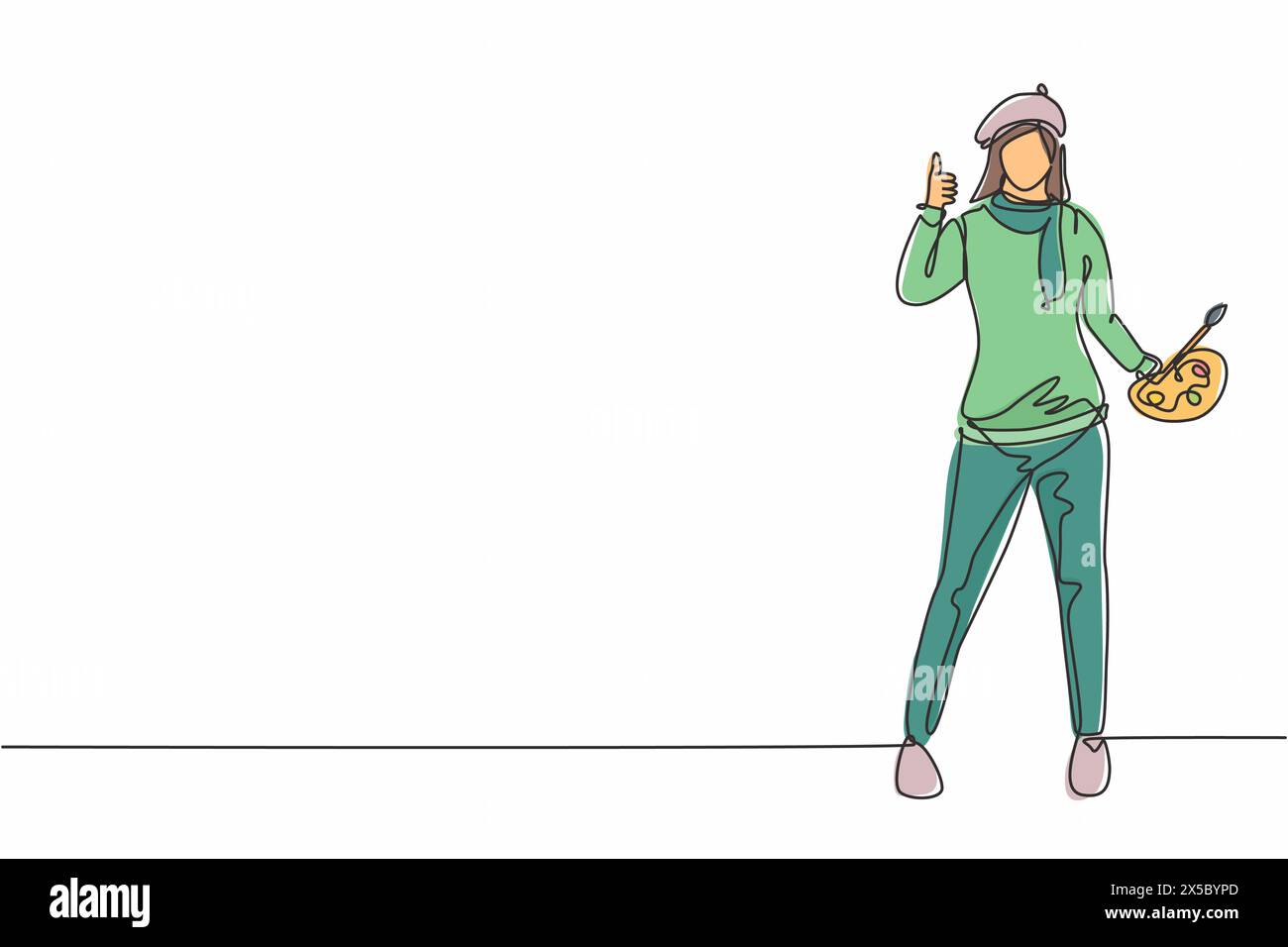 Single continuous line drawing woman painter stands with a thumbs-up ...