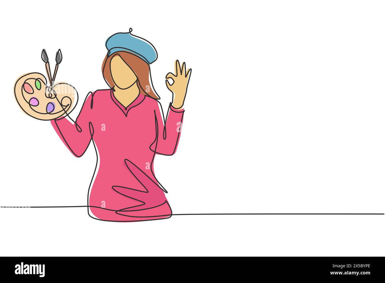 Single one line drawing female artist painter with gesture okay using ...