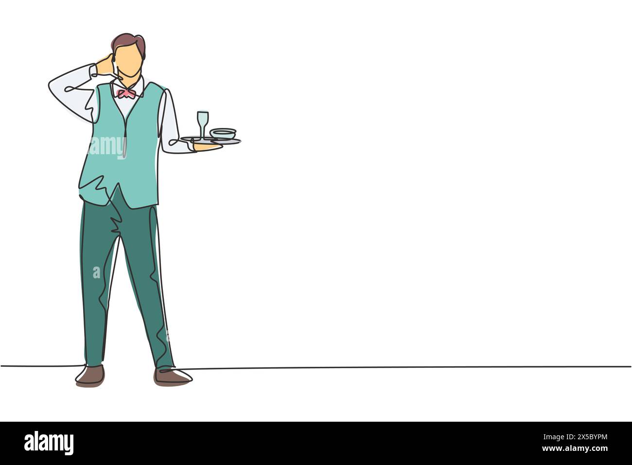 Single continuous line drawing waiter stood up with call me gesture and ...