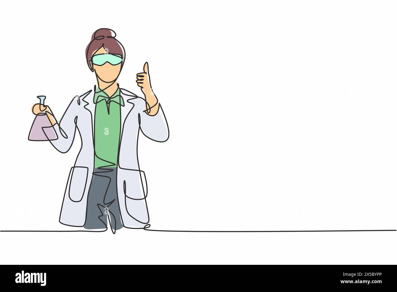 Single one line drawing of female scientist with a thumbs-up gesture ...