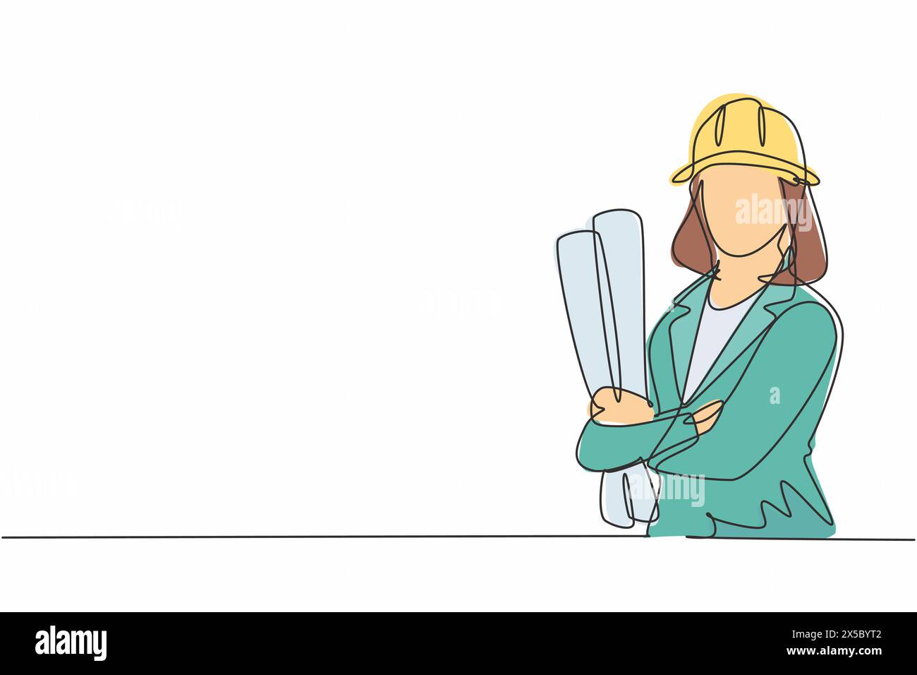 Single continuous line drawing of young female architect holding ...