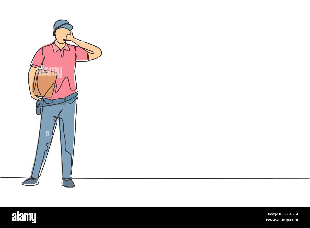 Single continuous line drawing deliveryman stands with call me gesture ...