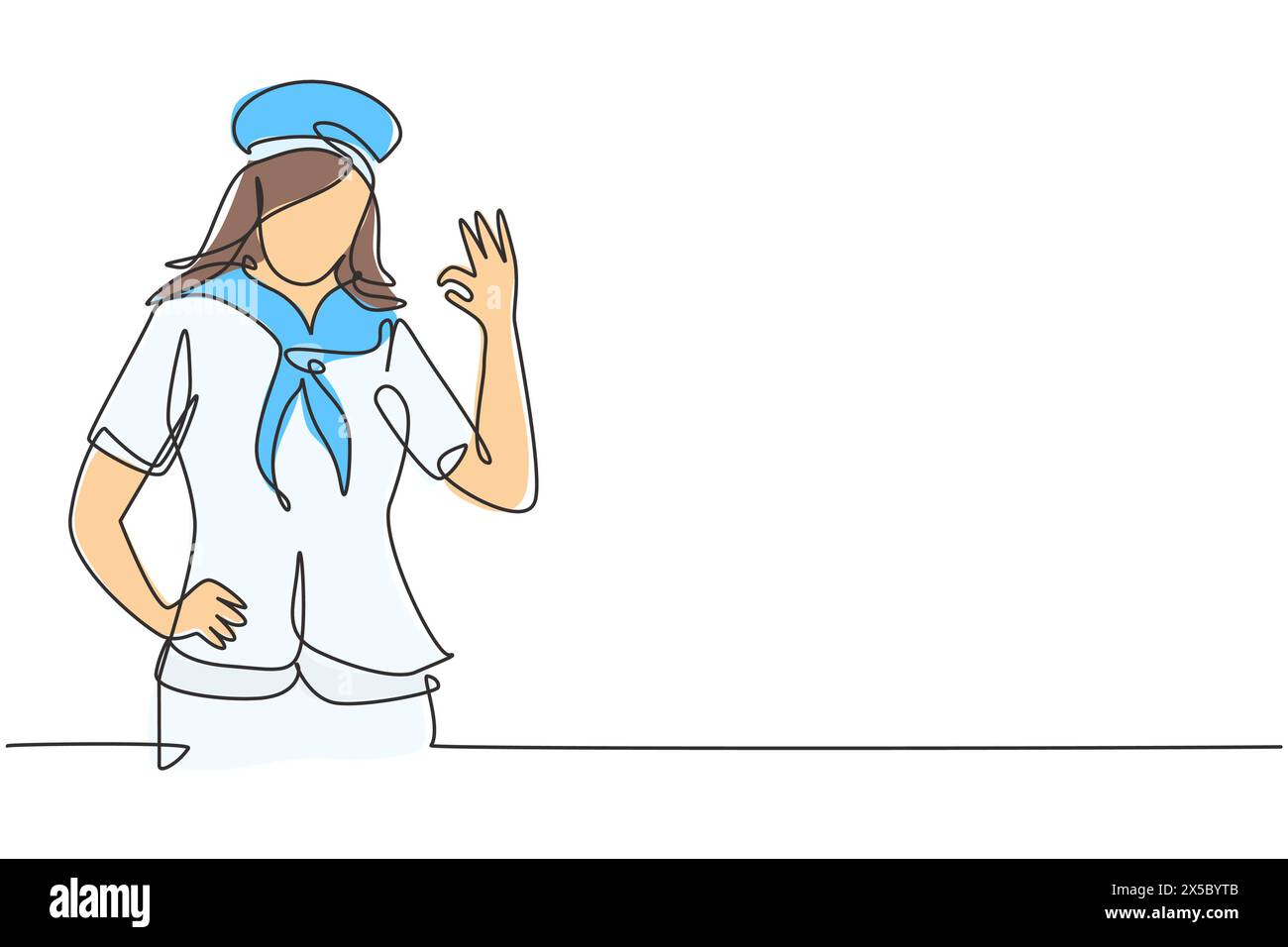 Single one line drawing sailor woman with gesture okay and scarf around ...