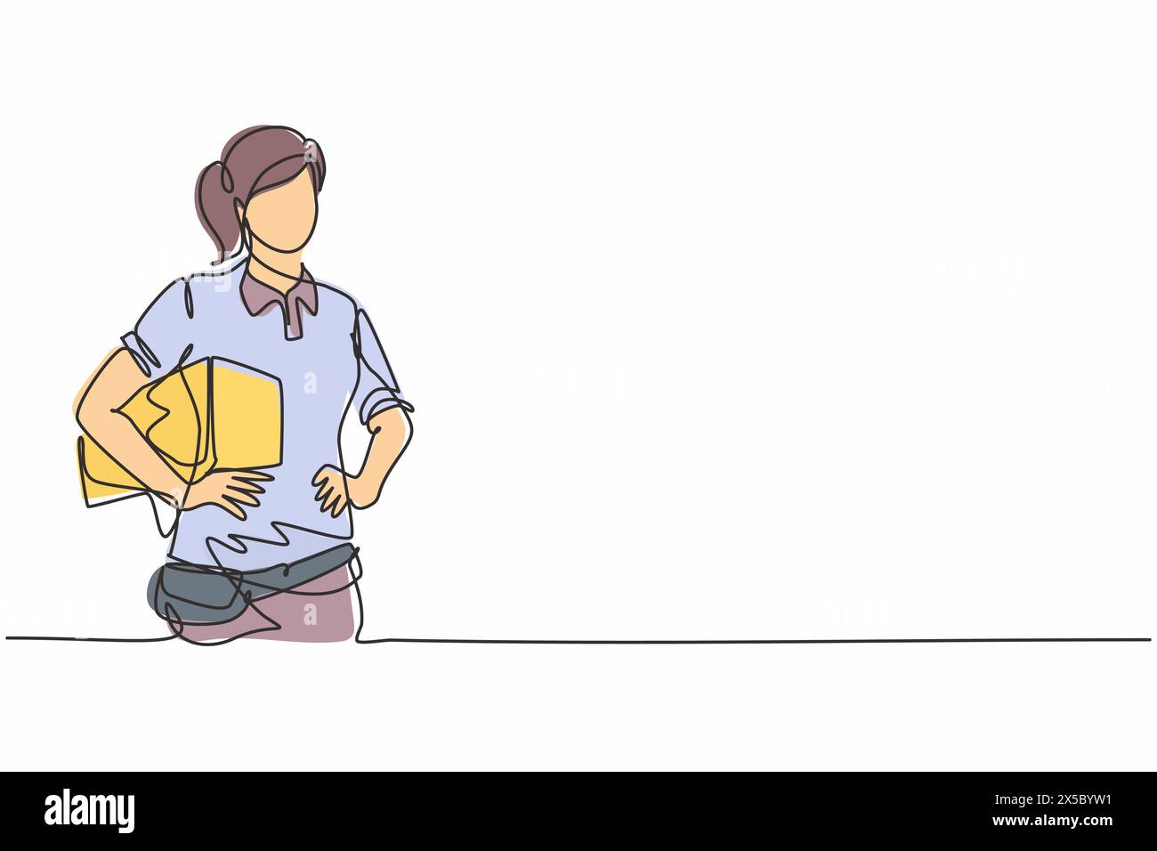Single one line drawing of young delivery woman posing with hands hold ...