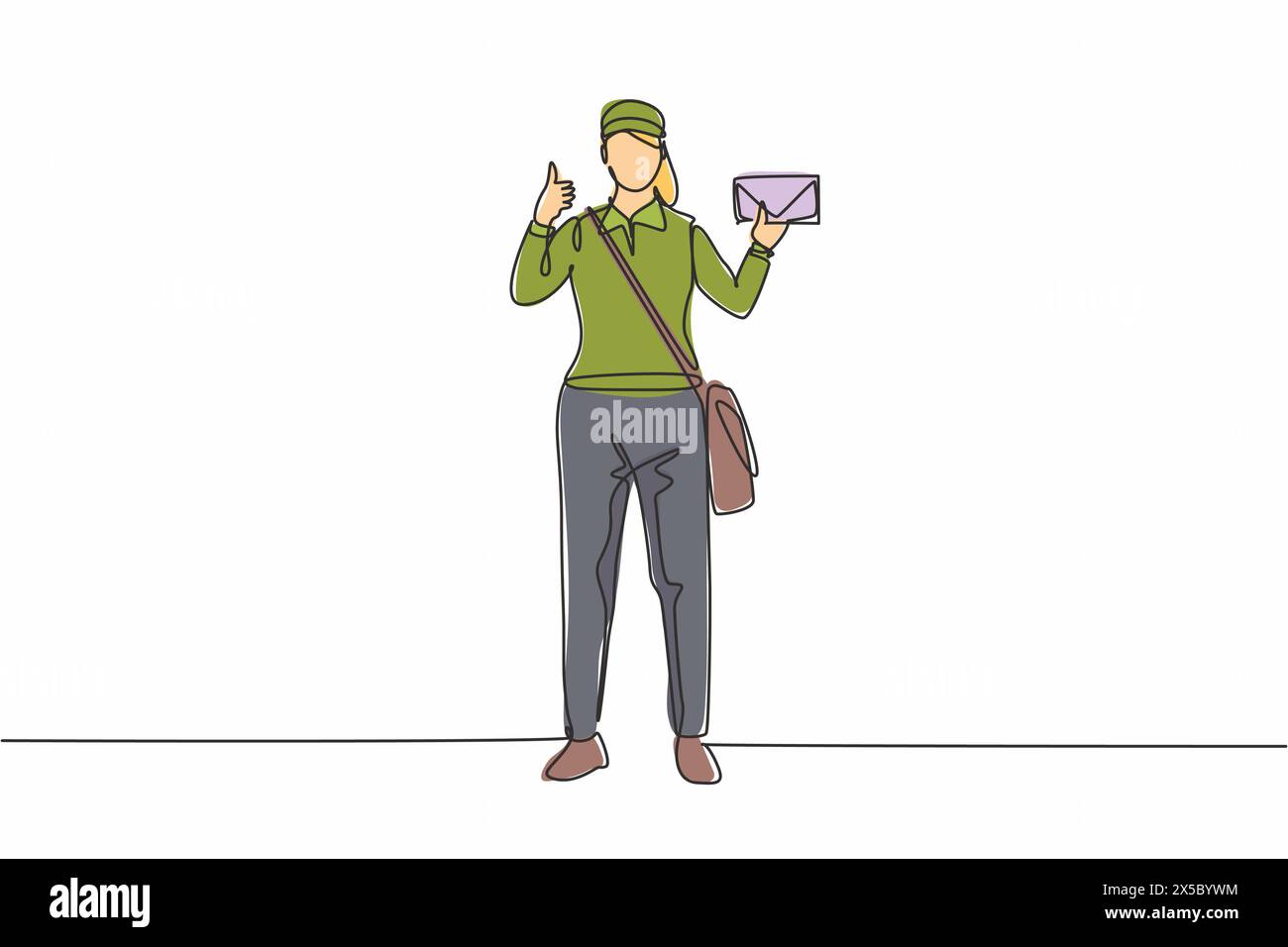 Single one line drawing of postwoman standing in a hat, bag, uniform ...