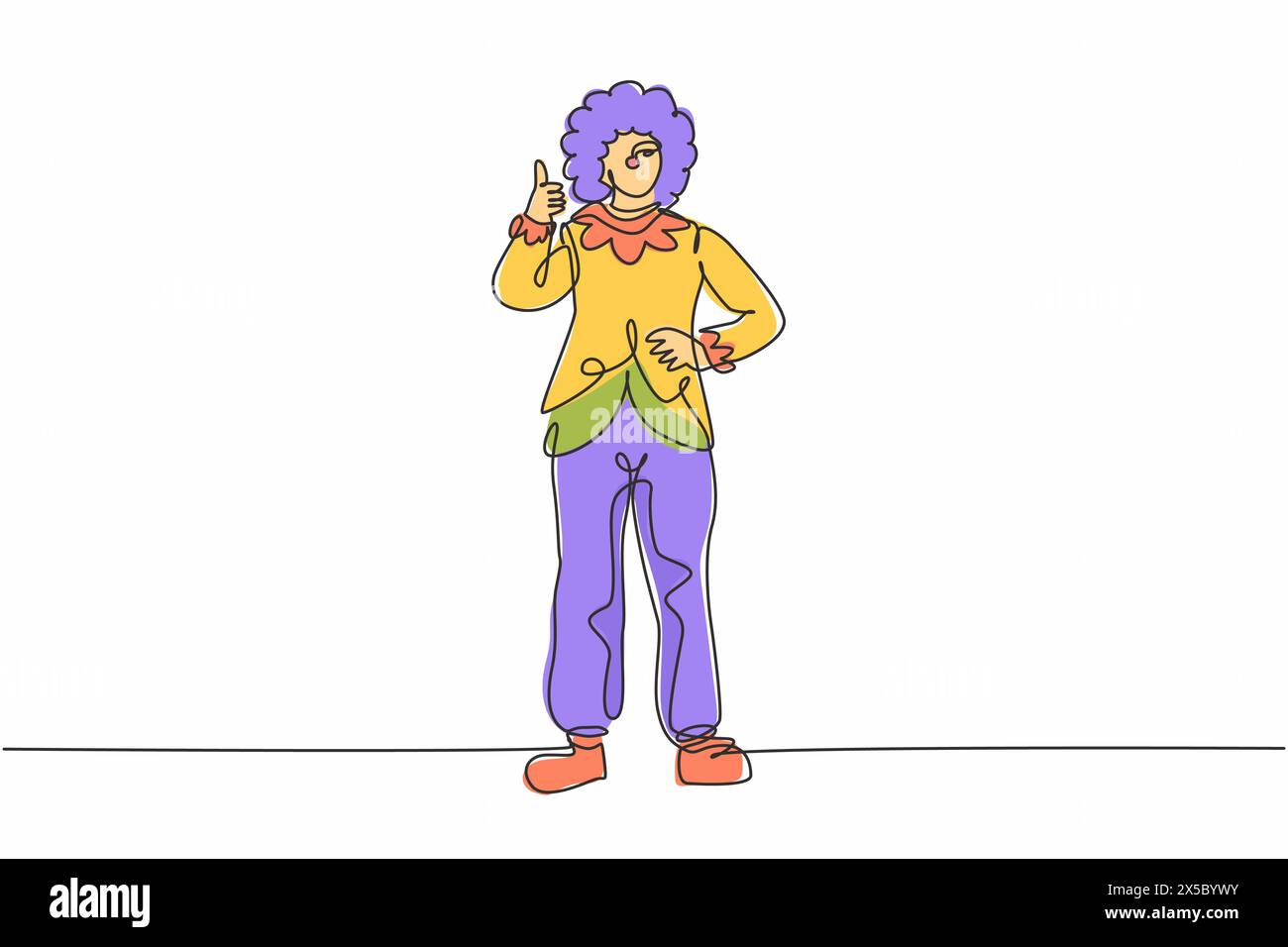 Single one line drawing of female clown stands with a thumbs-up gesture ...