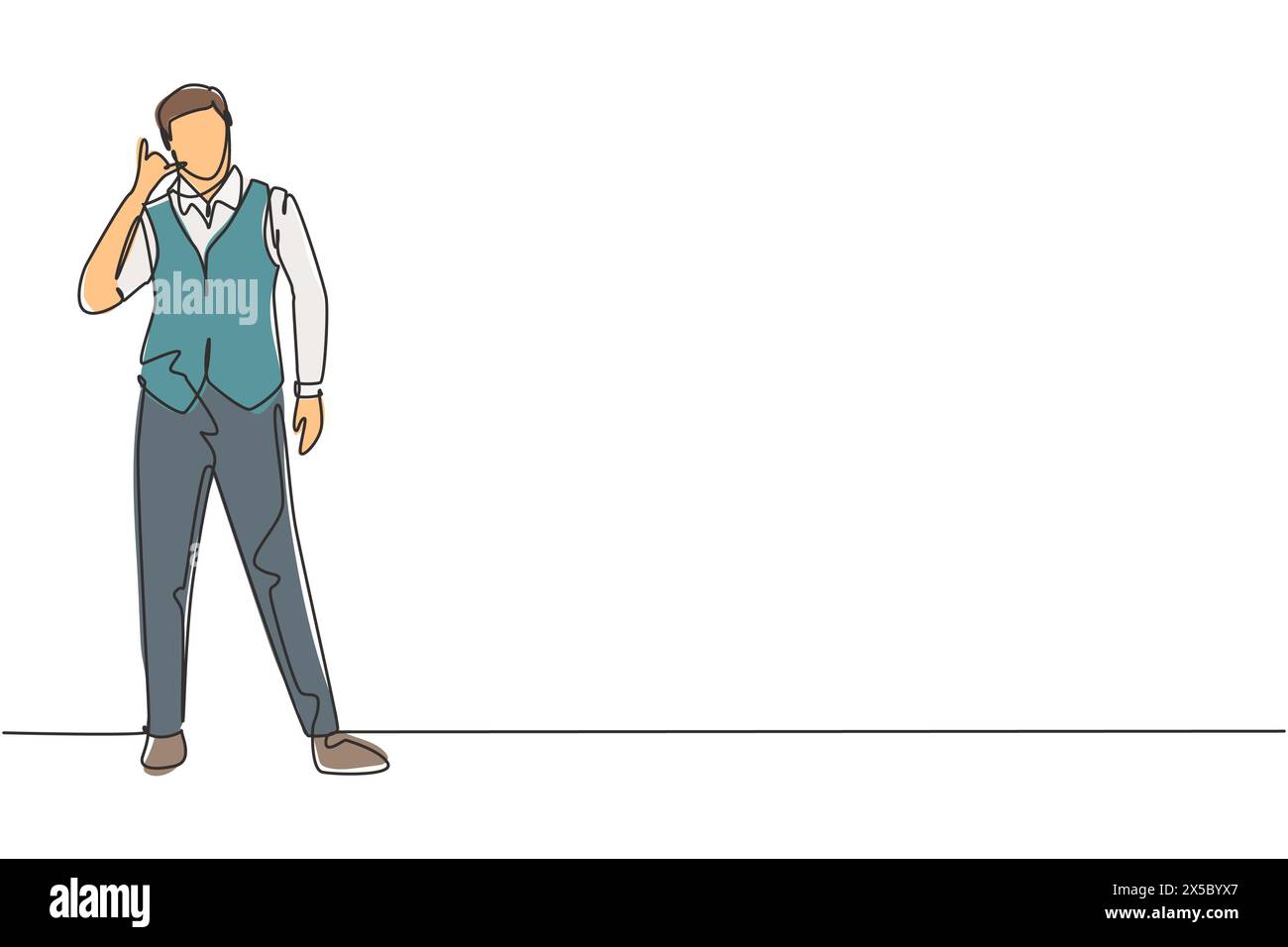 Single one line drawing steward stands in a uniform with call me ...