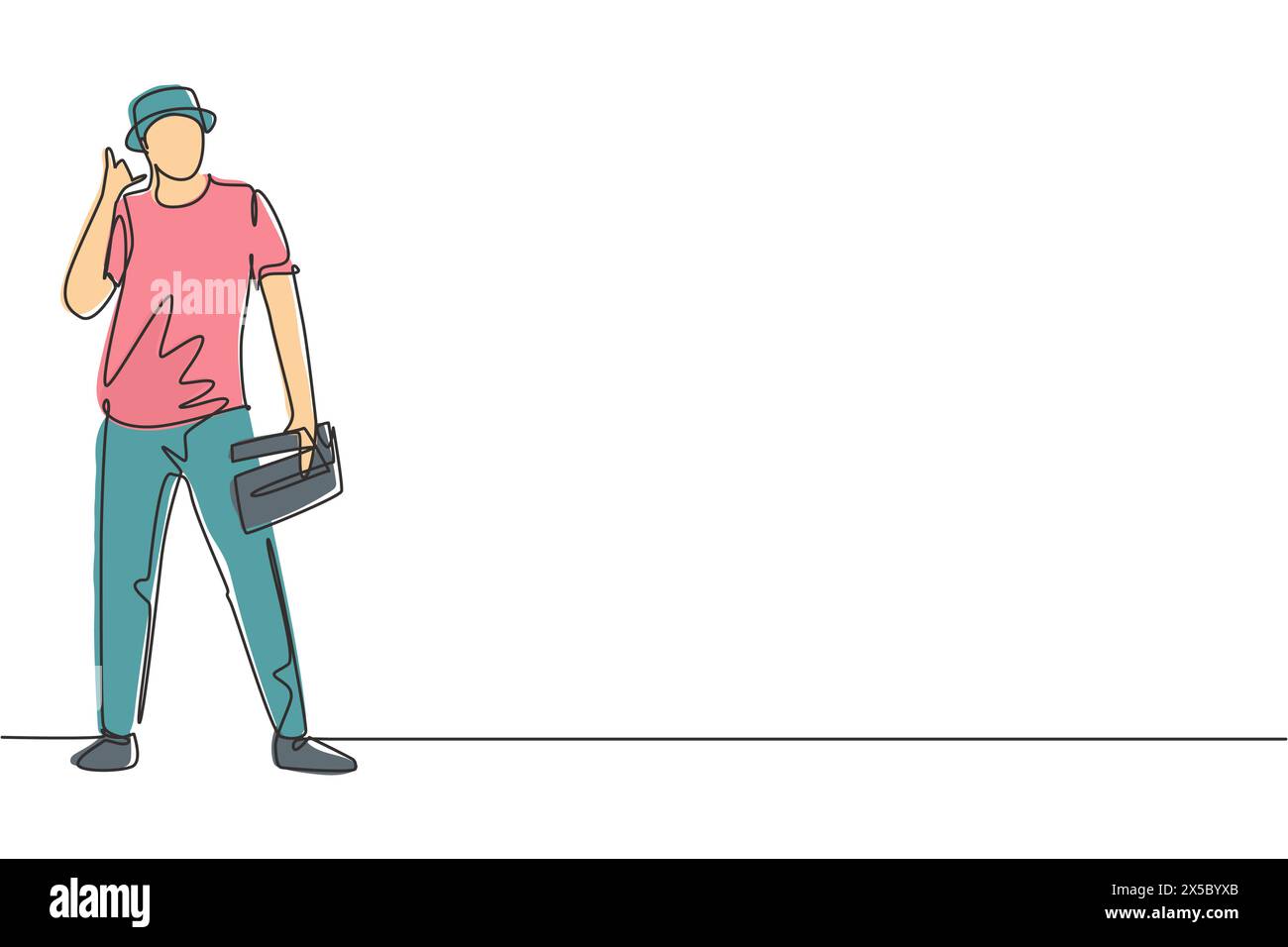 Single one line drawing film director stands with call me gesture ...