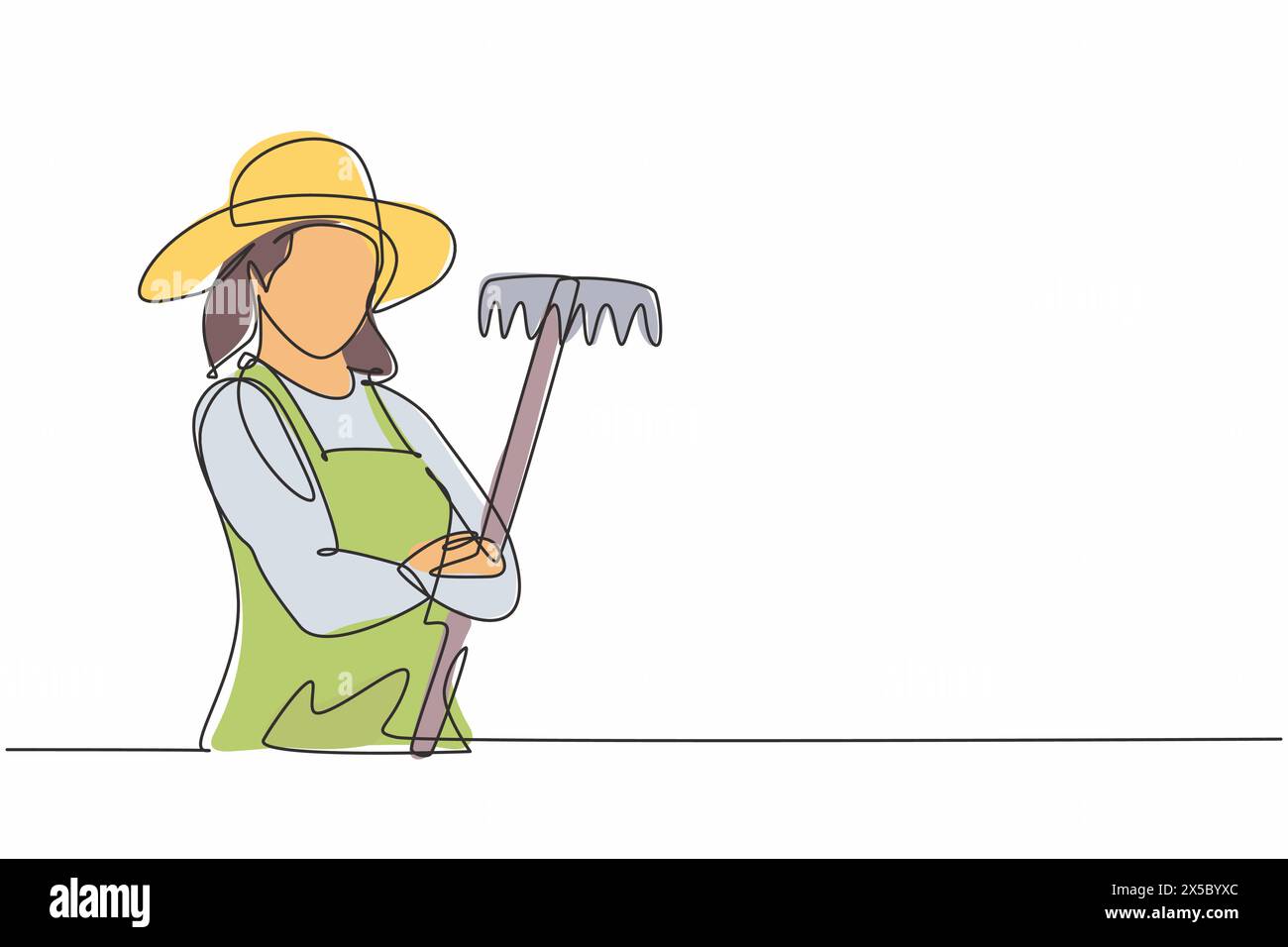 Single one line drawing of young female farmer pose cross arm while ...