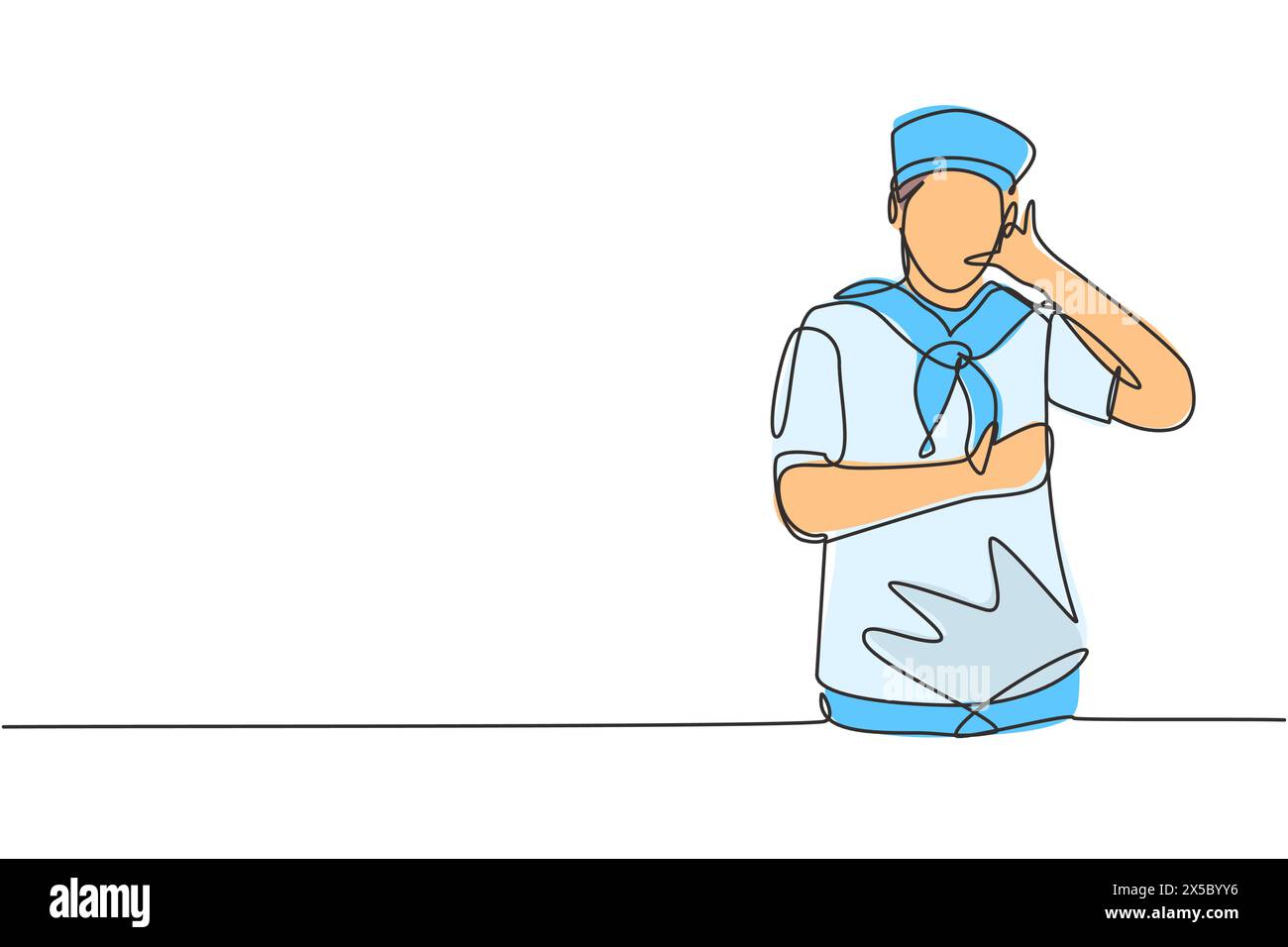 Single one line drawing sailor man with call me gesture and scarf ...