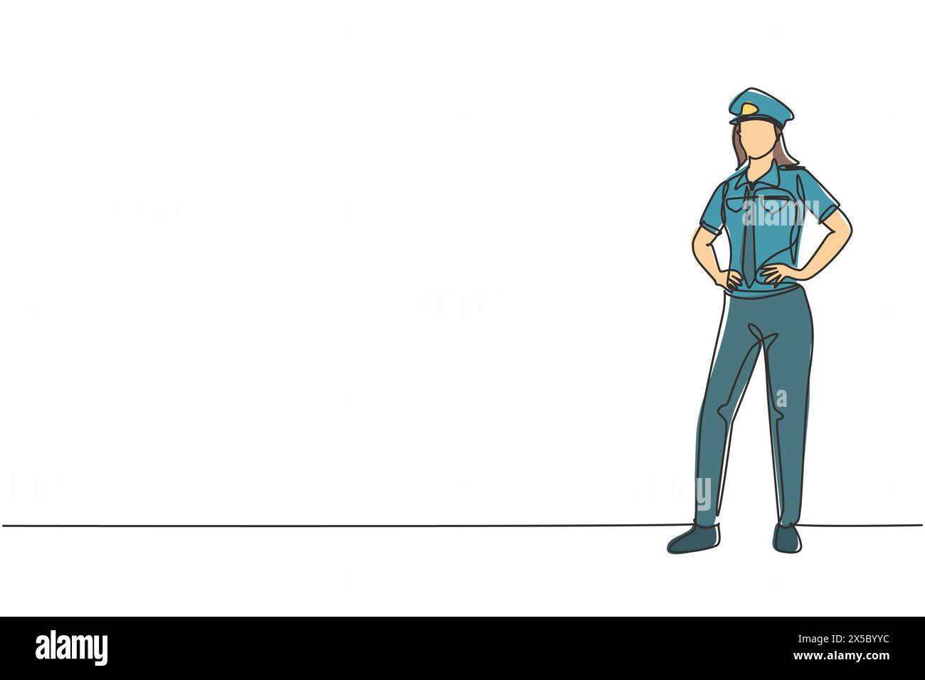 Continuous one line drawing of young beautiful female police on uniform ...