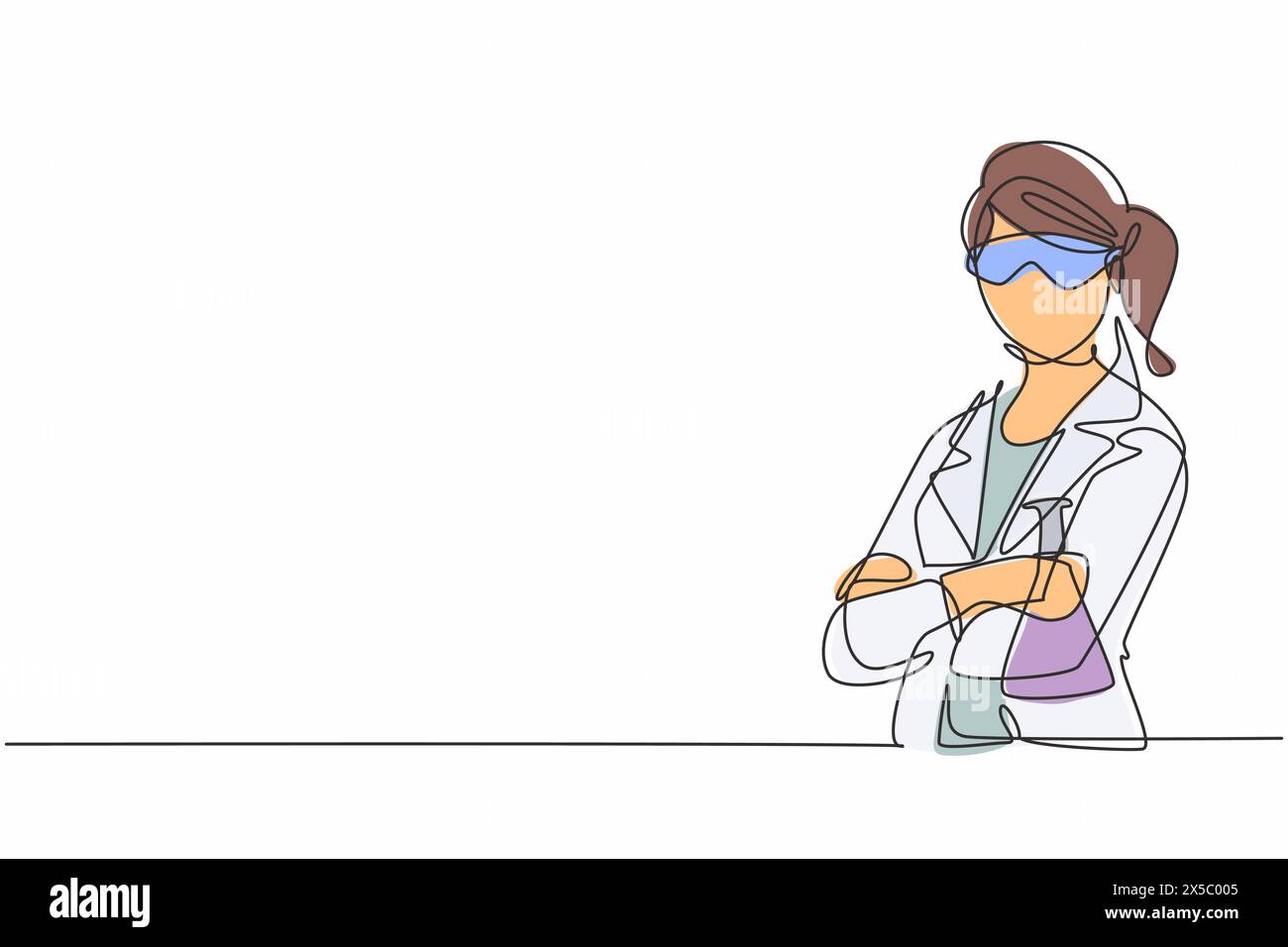 Single continuous line drawing young female scientist wearing goggling ...