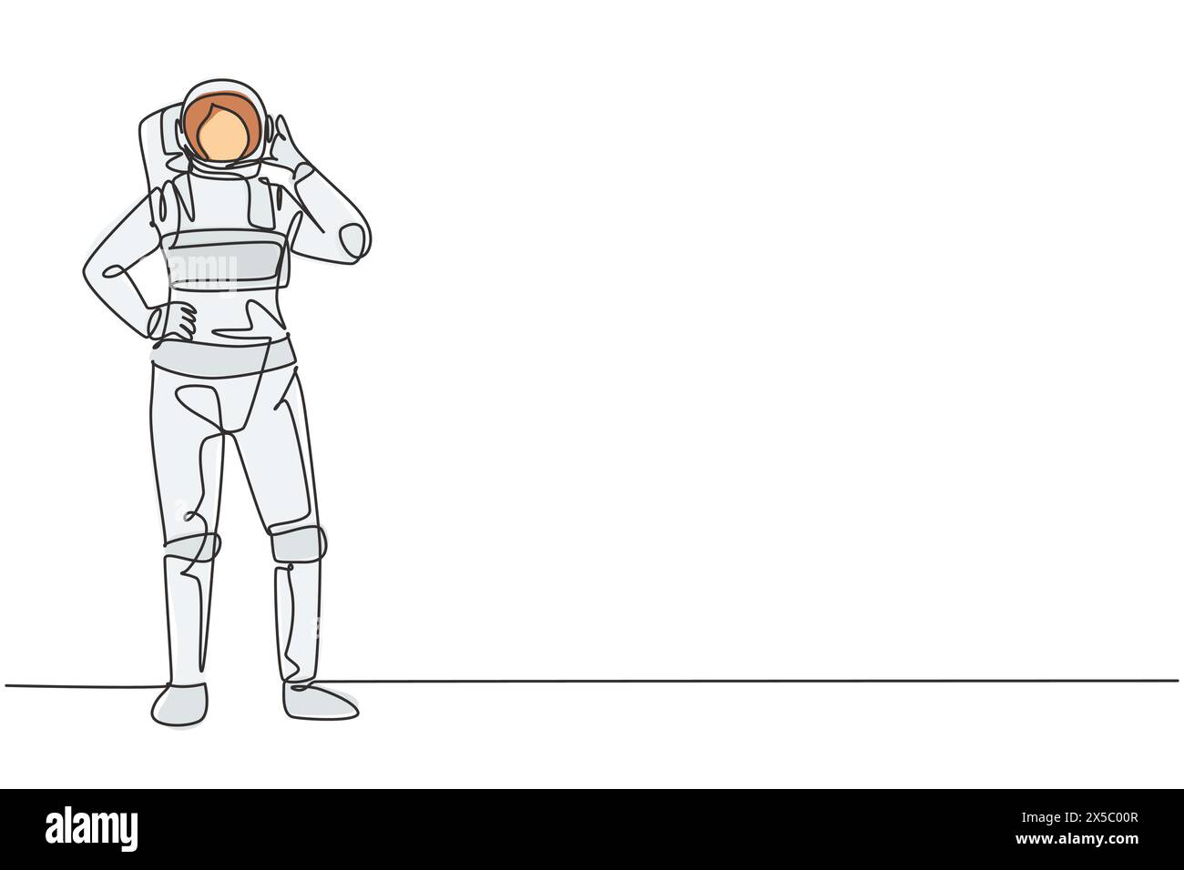 Single continuous line drawing female astronaut stands with call me ...