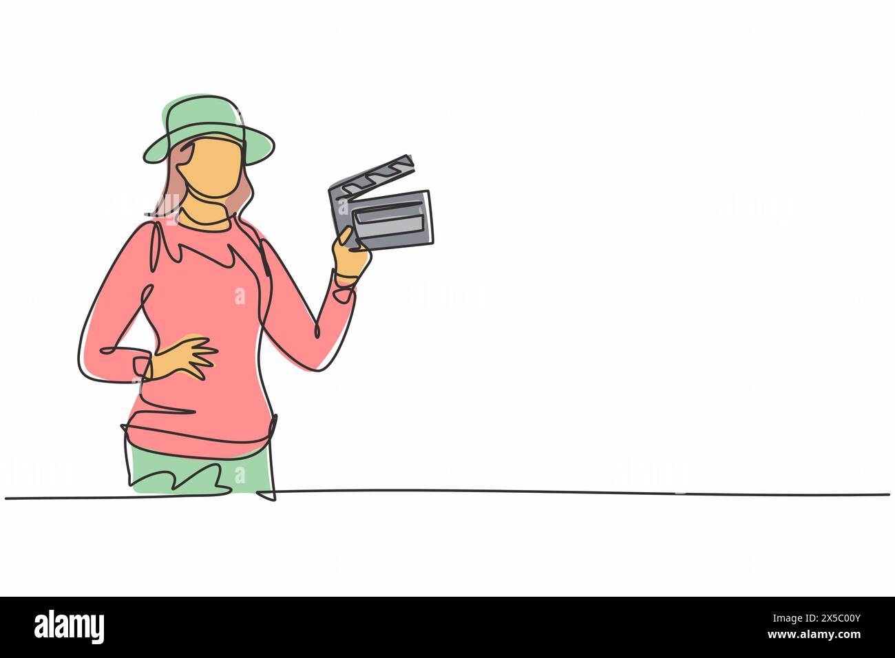 Continuous one line drawing of young female film director hold clapper board with hands on hip ...