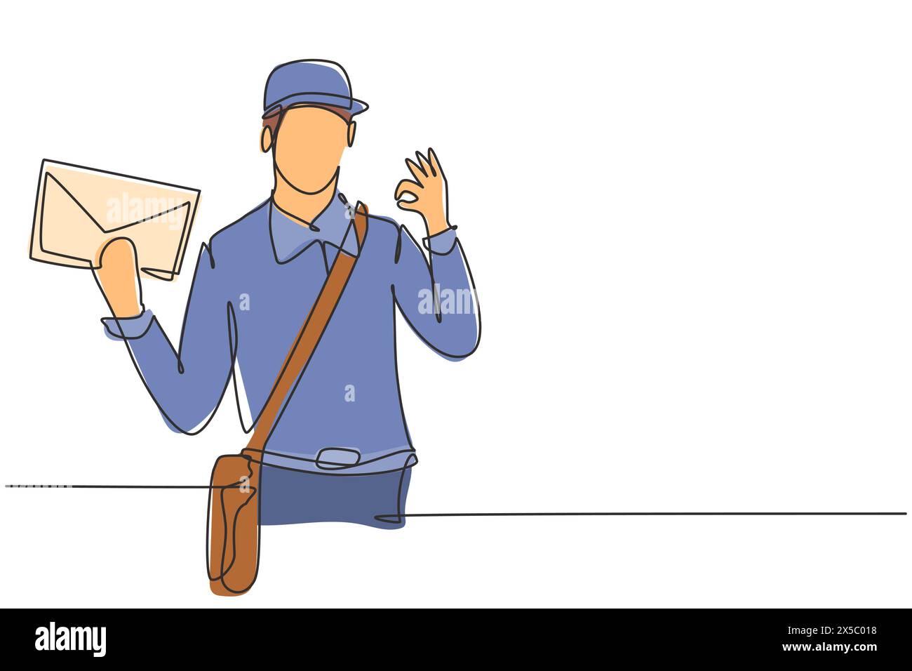 Continuous one line drawing postman wearing hat, sling bag, and uniform ...