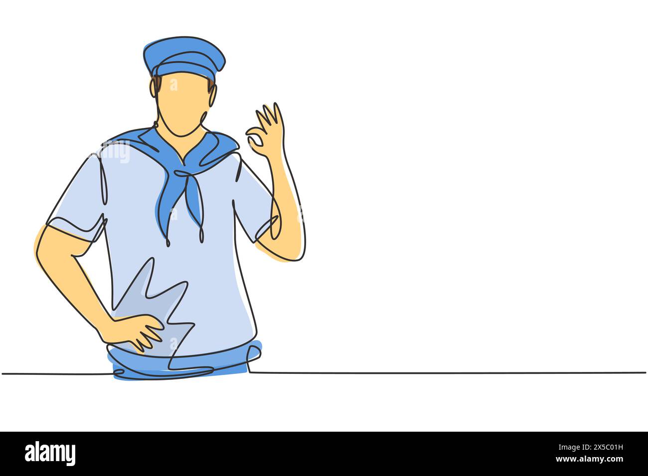Continuous one line drawing sailor man with gesture okay and scarf ...