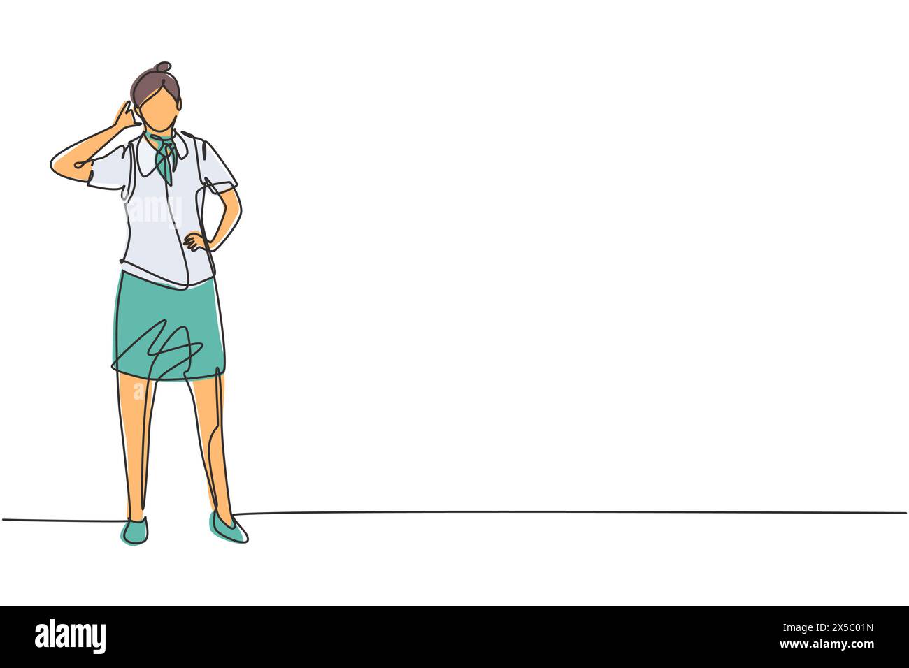 Single continuous line drawing flight attendant stands with call me ...