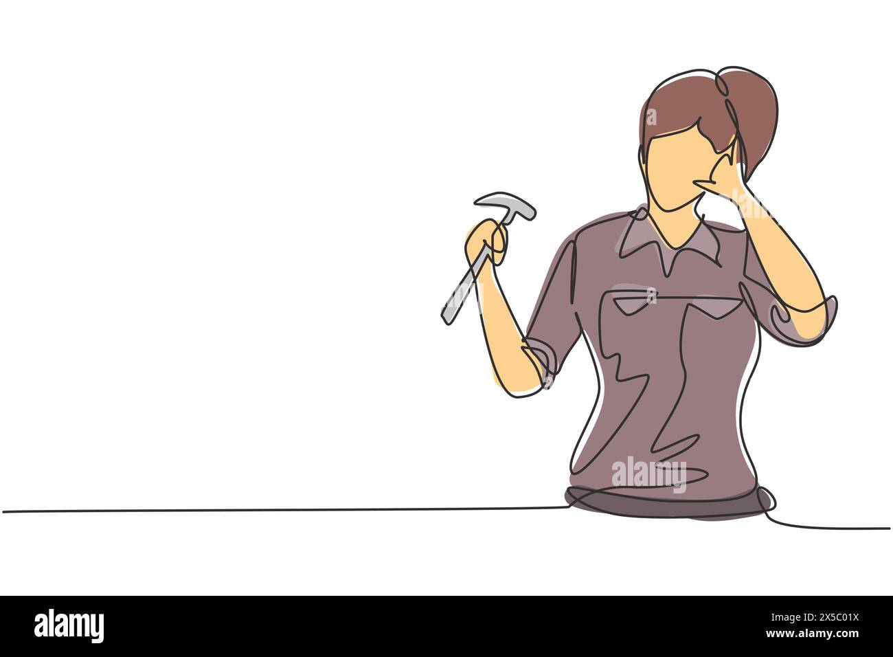 Continuous one line drawing female carpenter with call me gesture works ...