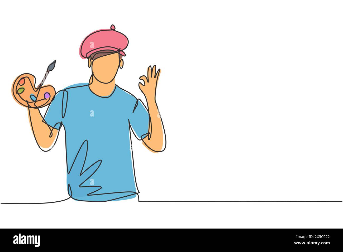 Single continuous line drawing artist painter with gesture okay using ...