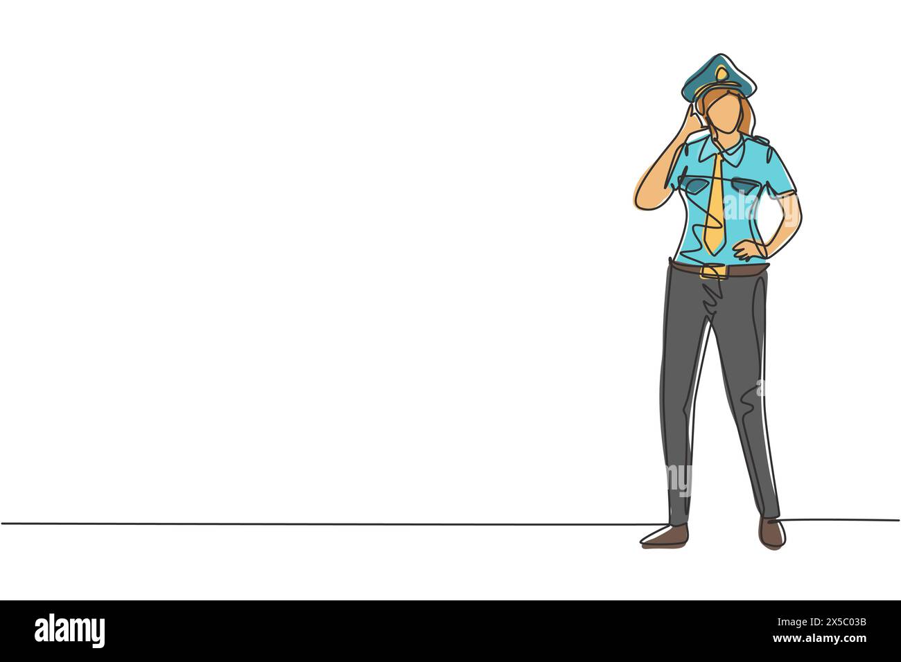 Single one line drawing female pilot stands with call me gesture and ...