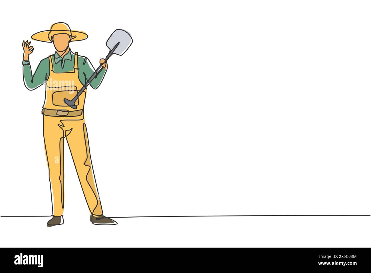 Continuous one line drawing male farmer stood with gesture okay ...
