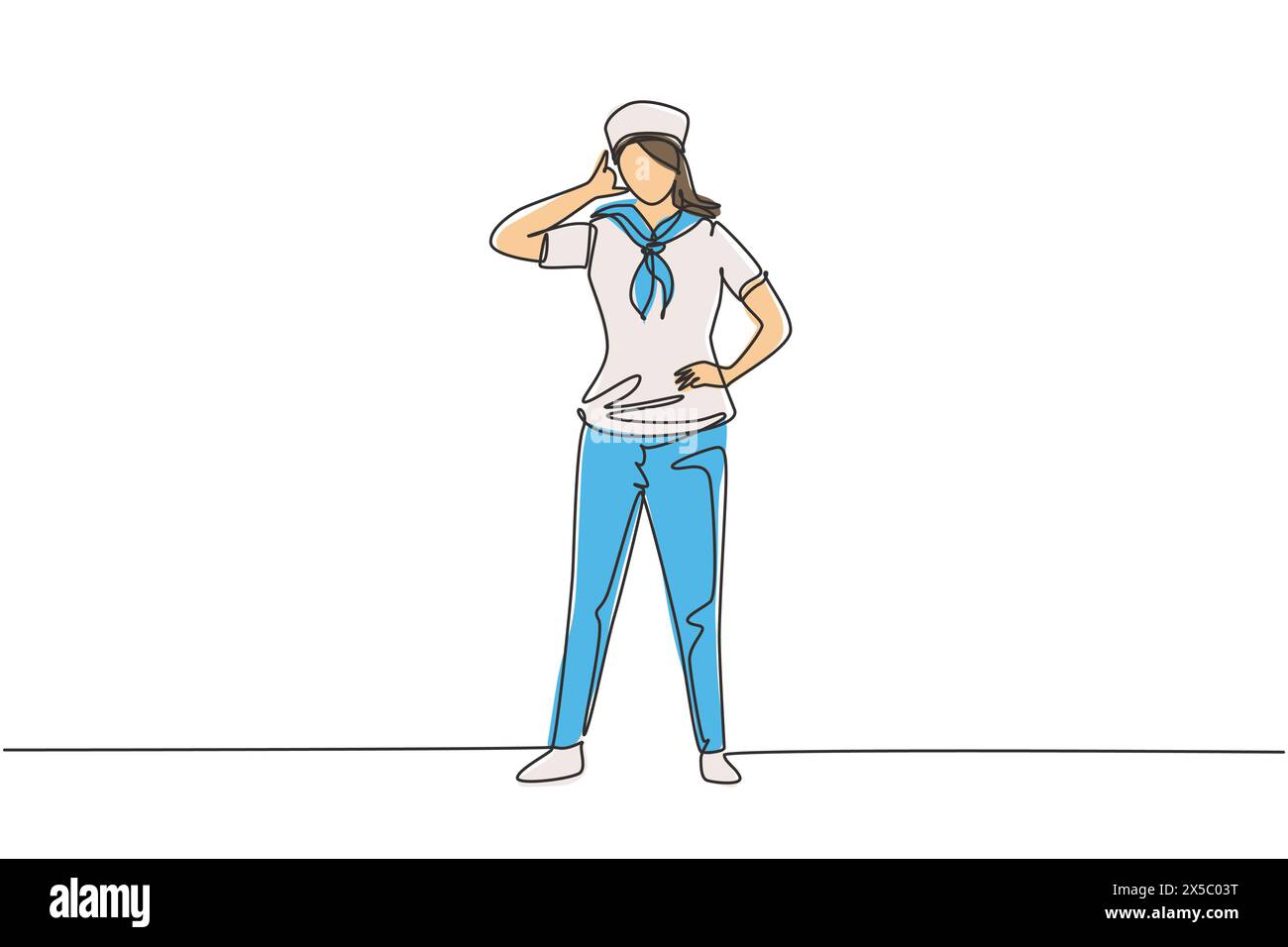 Single continuous line drawing sailor woman stands with call me gesture ...