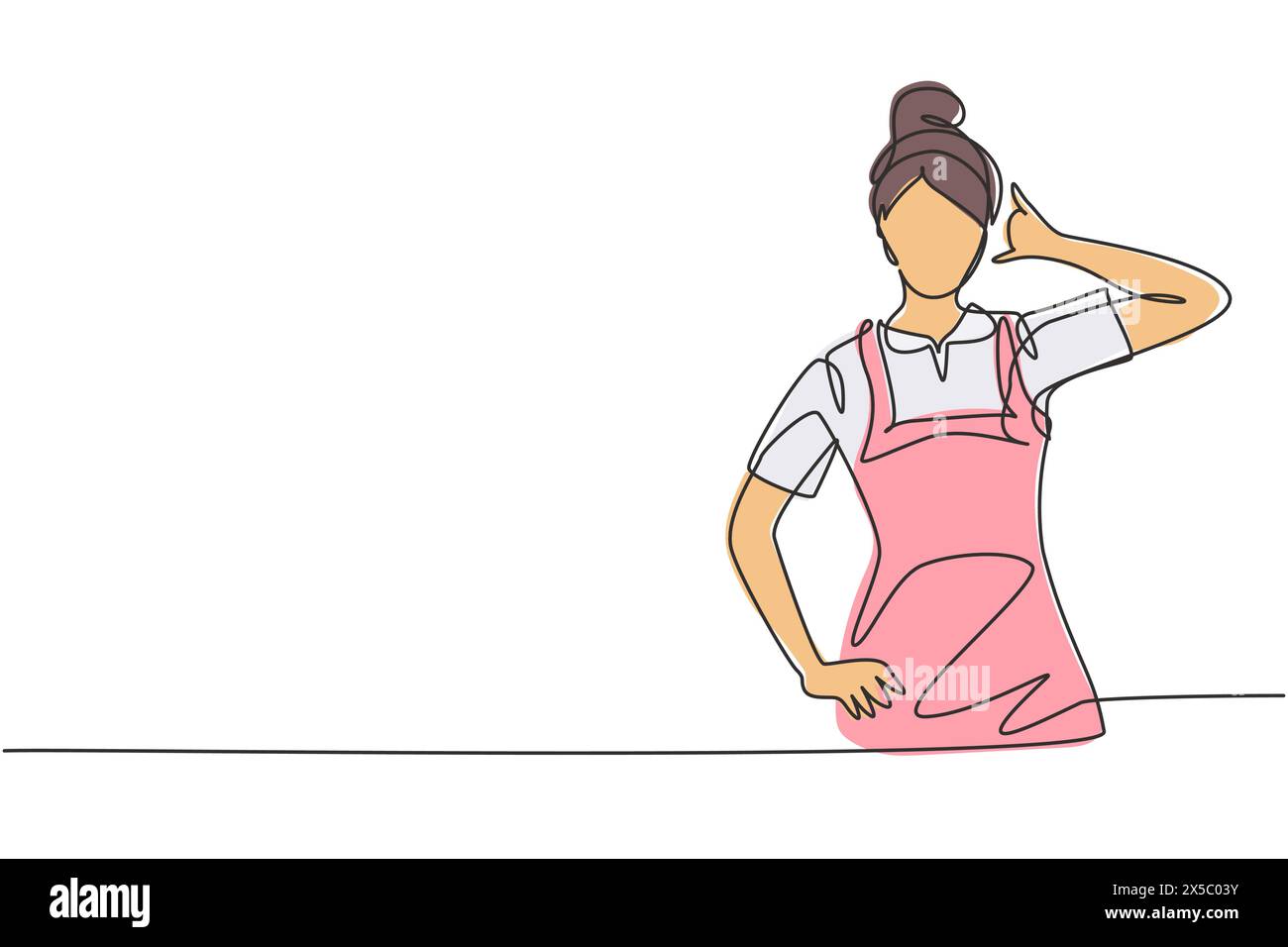 Single one line drawing maid in hotel with call me gesture and in neat ...