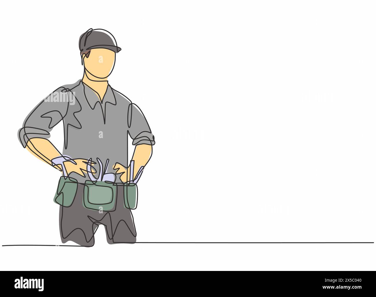 Single continuous line drawing of young handyman bringing equipment ...