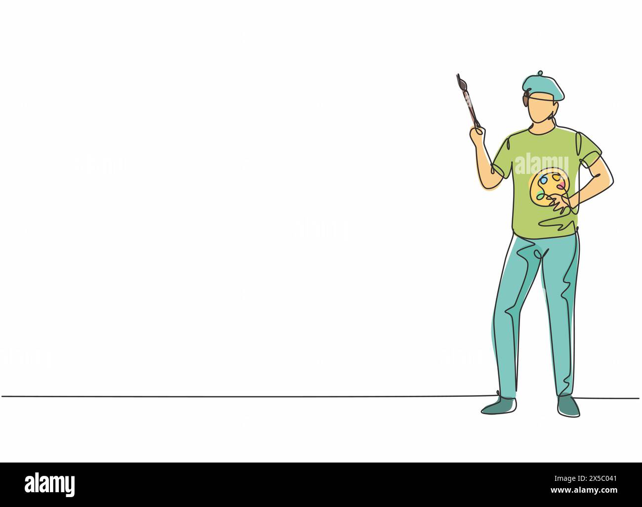 Single one line drawing of young painter man pose standing and holding ...