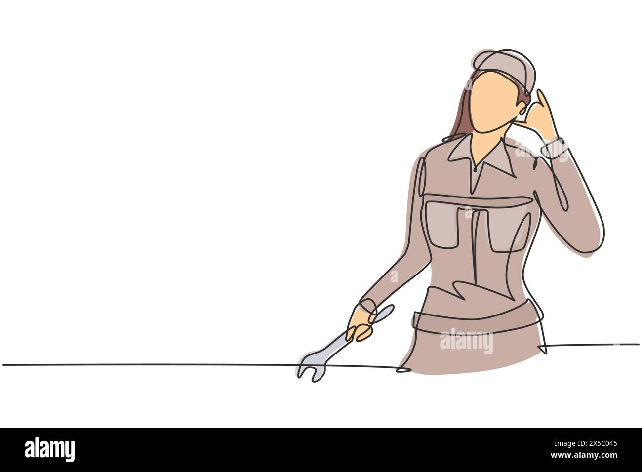 Continuous one line drawing female mechanic with call me gesture and ...