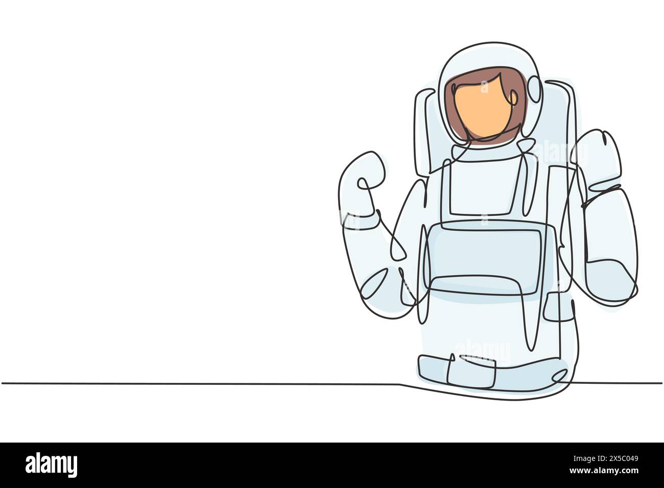 Single continuous line drawing astronaut with celebrate gesture wearing ...