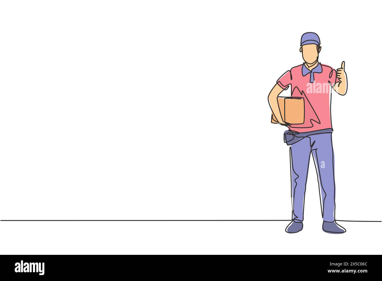 Continuous one line drawing delivery man stands with thumbs-up gesture ...