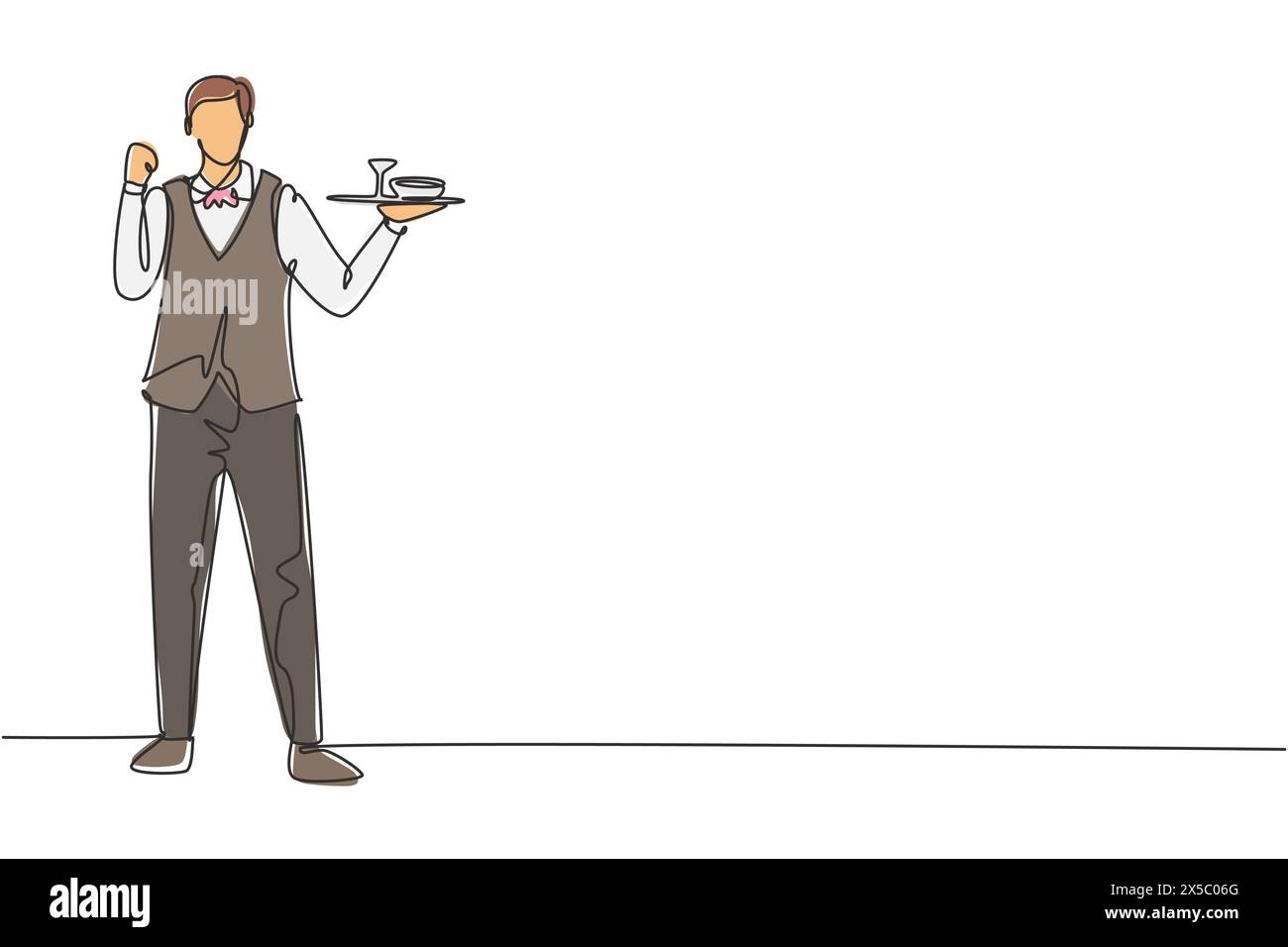 Continuous one line drawing waiter stood up with celebrate gesture and ...