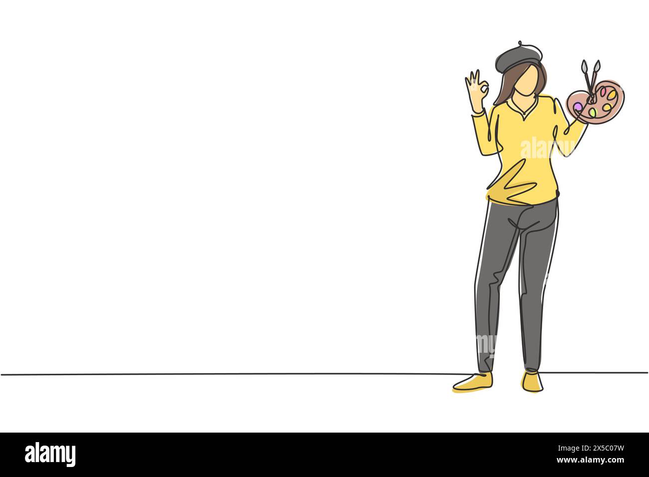 Single continuous line drawing female painter stands with gesture okay ...