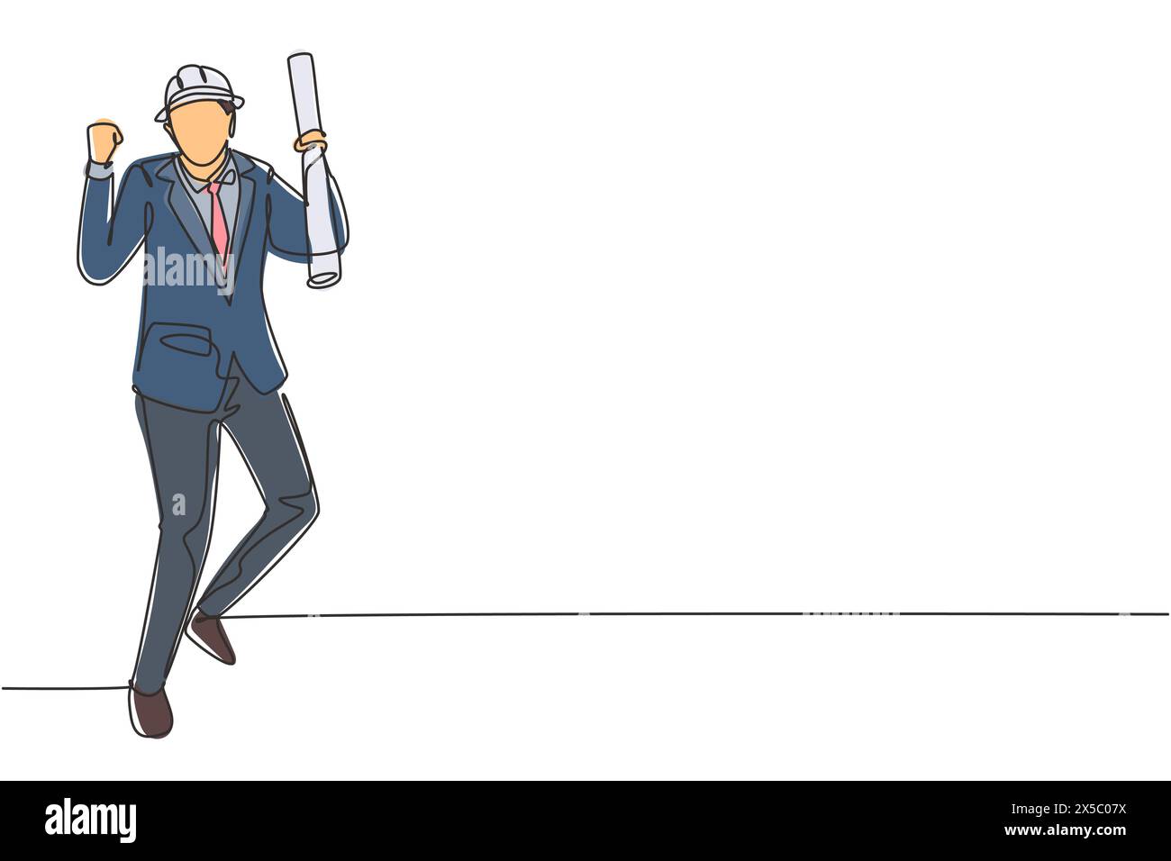 Single one line drawing architect stood with celebrate gesture and ...