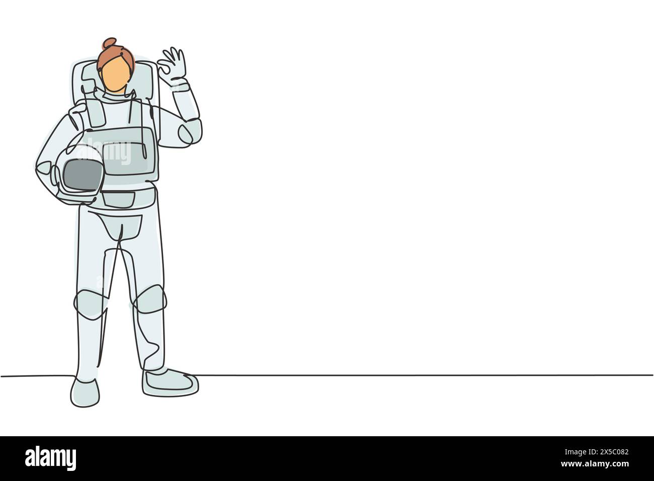 Single continuous line drawing female astronaut stands with gesture ... Single continuous line drawing female astronaut stands with gesture ...