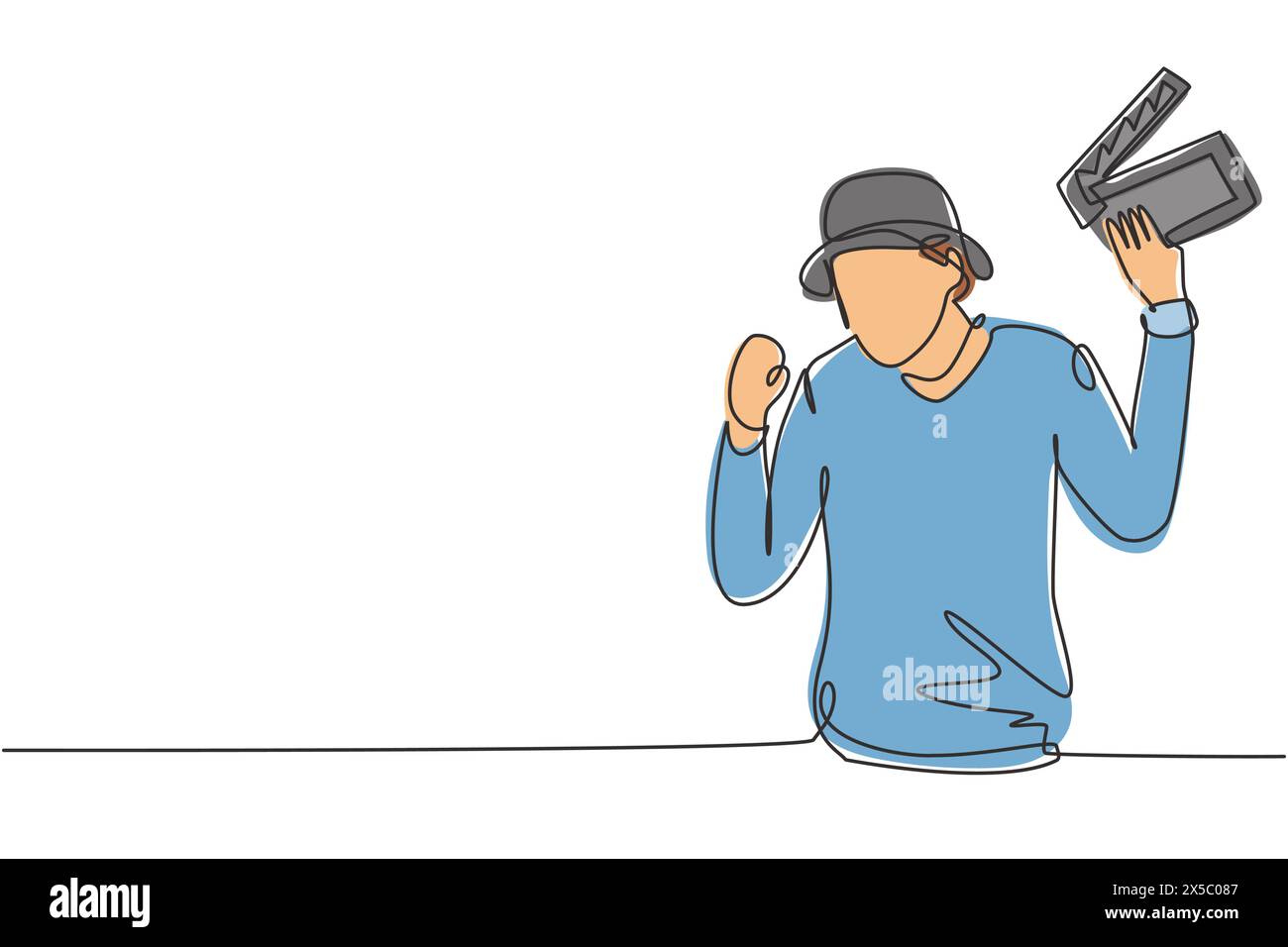 Single one line drawing film director with celebrate gesture holding ...