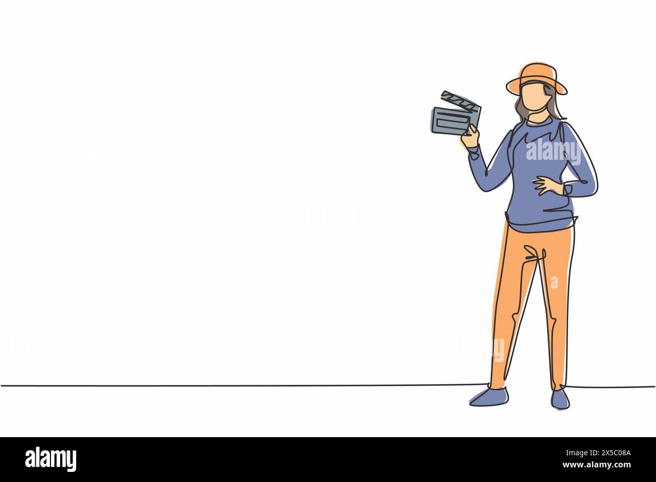 Single one line drawing of young female film director posing with hands ...