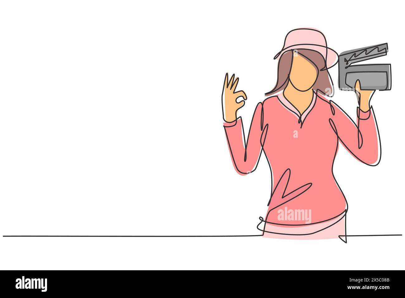 Single one line drawing female film director with gesture okay holding ...