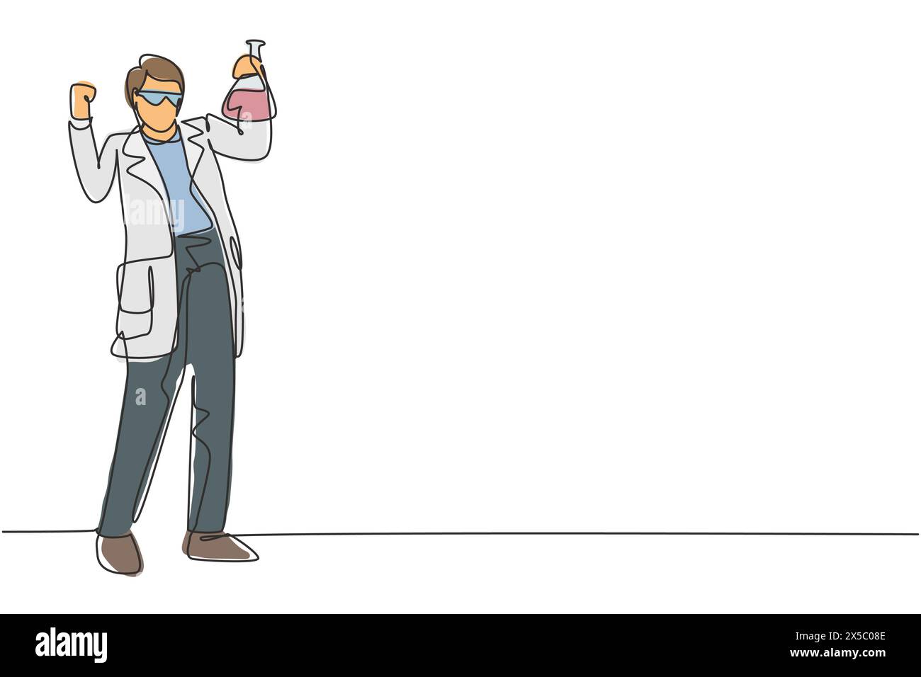 Single continuous line drawing scientist stands with celebrate gesture ...